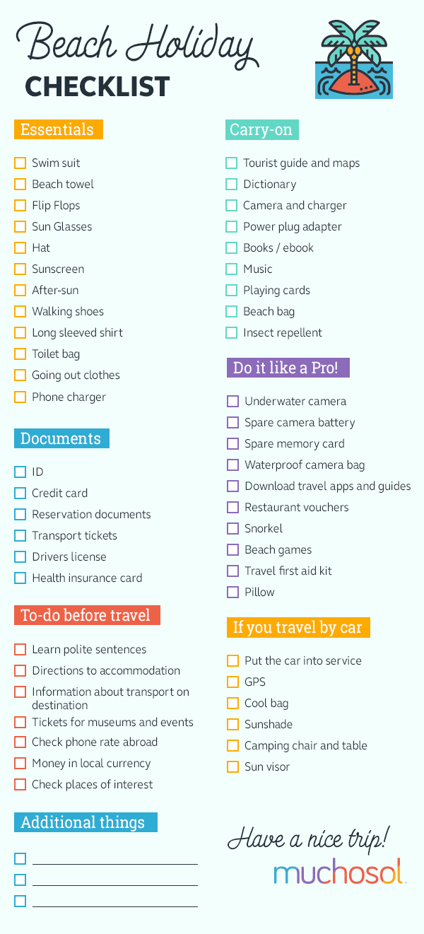 Beach holiday checklist, print it and don't forget anything! Beach holiday checklist, print it and don't forget anything!